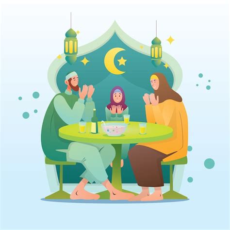 Famille Musulmane Prie Avant De Manger Illustration Vecteur Premium