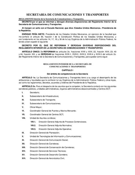 Reglamento Interior De SCT SECRETARIA DE COMUNICACIONES Y TRANSPORTES