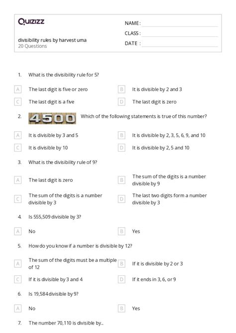 Divisibility Rules Worksheets For Th Class On Quizizz Free
