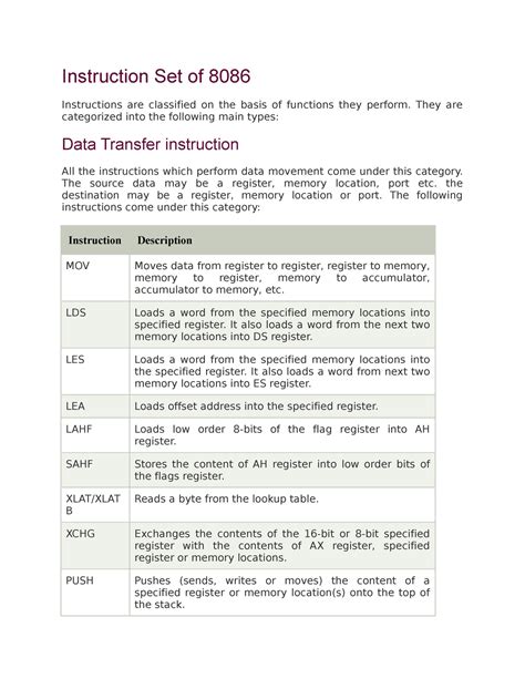 instruction set of 8086 instruction set of 8086 instructions are classified on the basis of
