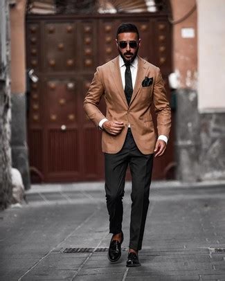 Men S Tan Blazer Black Dress Pants Black Leather Loafers Black Silk