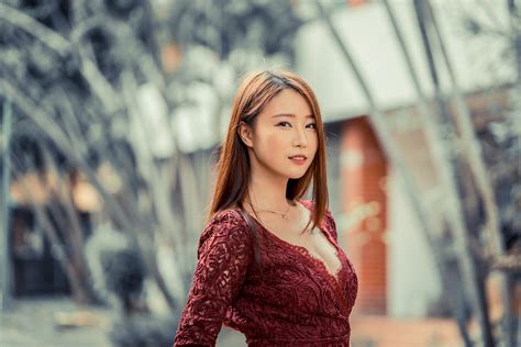 Wallpaper Model Brunette Asian Portrait Looking At Viewer Depth