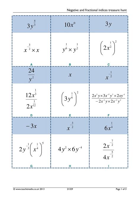 Negative And Fractional Indices Treasure Hunt KS3 4 Maths Teachit