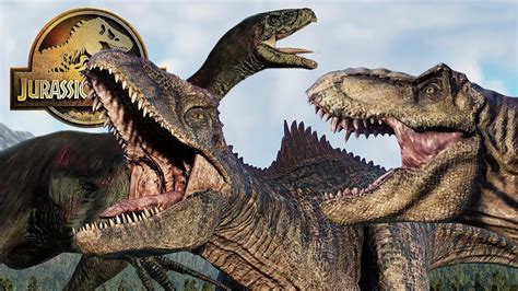GIGANOTOSAURUS VS T REX VS THERAZINOSAURUS FINAL BATTLE FIGHT