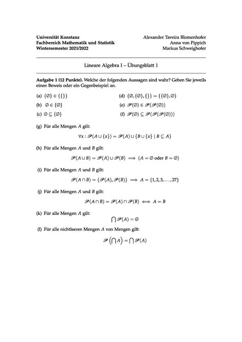 Blatt 1 Übungsaufgaben zur Vorlesung Übung Lineare Algebra I Studocu