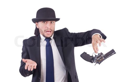 Mand med pistol isoleret på den hvide Stock foto Colourbox