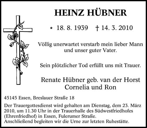 Traueranzeigen von Heinz Hübner Trauer in NRW de