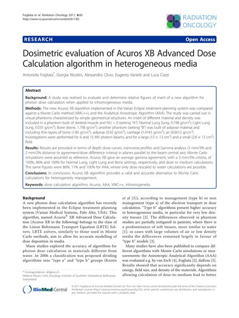 pdf dosimetric evaluation of acuros xb advanced dose calculation algorithm in heterogeneous media