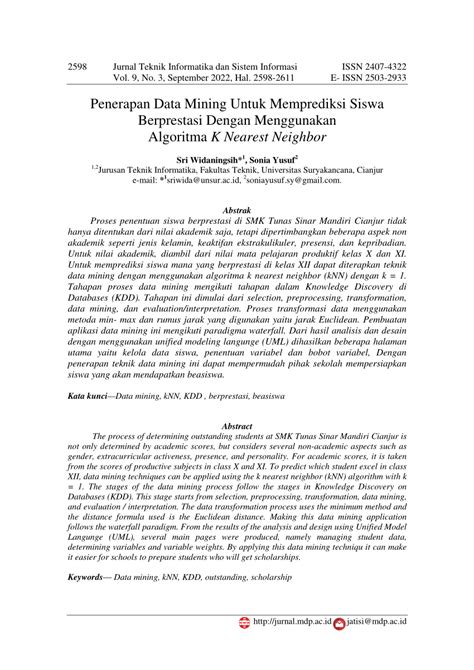 pdf penerapan data mining untuk memprediksi siswa berprestasi dengan menggunakan algoritma k