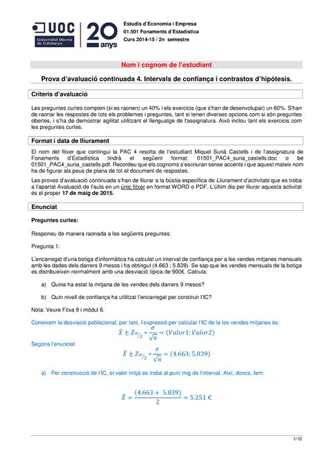 01501 sol PAC 4 Pac 4 de fonaments d estadística resulta Estudis d