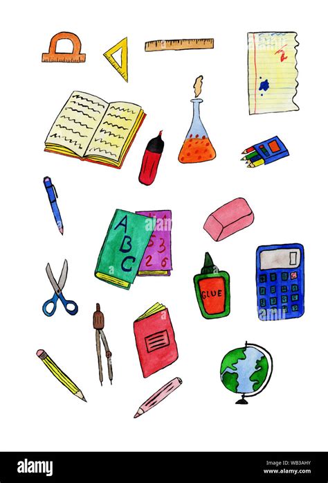 Conjunto de útiles escolares de diferentes colores lápices acuarela
