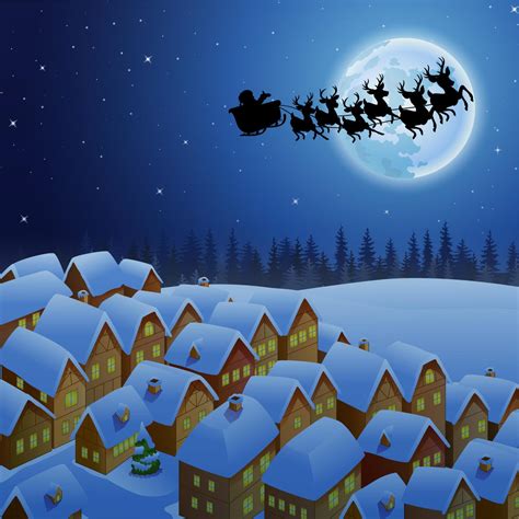 Santa Claus Riding His Reindeer Sleigh Flying In The Sky