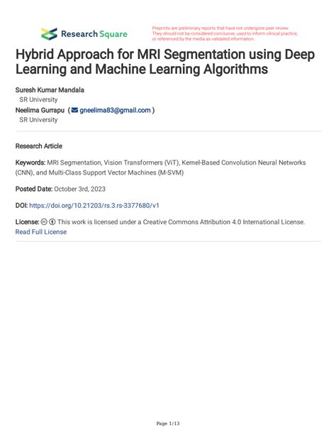 pdf hybrid approach for mri segmentation using deep learning and machine learning algorithms