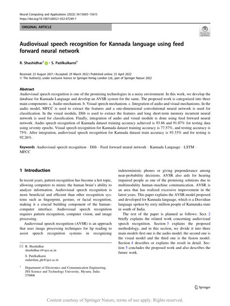 audiovisual speech recognition for kannada language using feed forward neural network request pdf