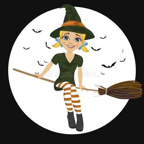 Beautiful Blonde Witch In Green Dress Flying On Broom Stock Vector Illustration Of Full Moon