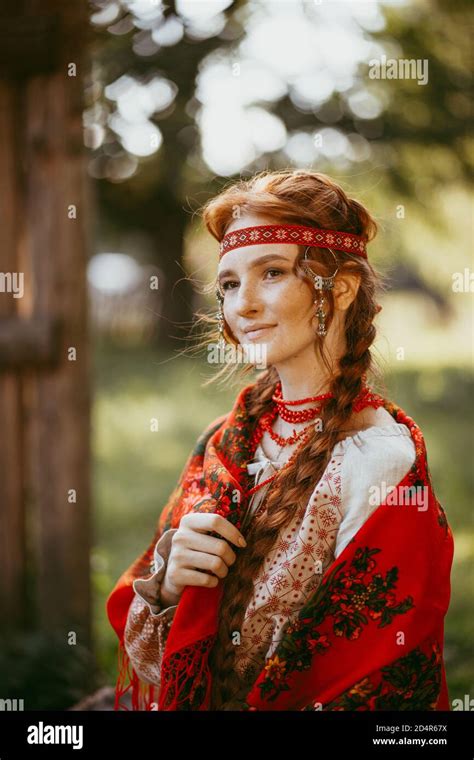 Beautiful Slavic Girl Long Blonde Hair Brown Eyes White Red Stock Photo