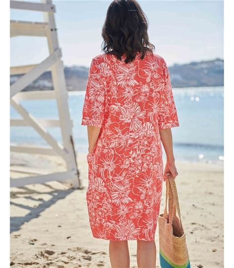 Imprimé Lys corail Robe Tunique à poches Femme Pur Lin WoolOvers FR