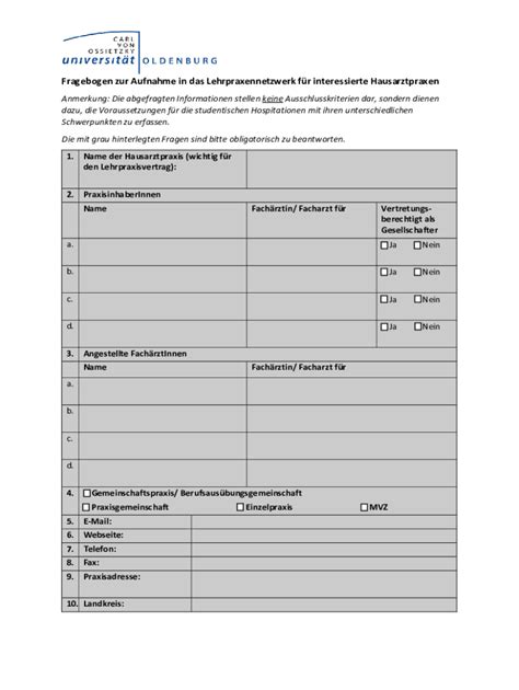 Ausf Llbar Online Fragebogen Zur Aufnahme In Das Lehrpraxennetzwerk Fr