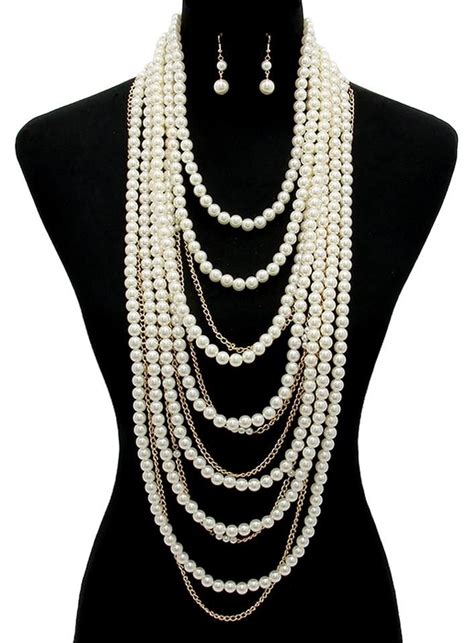 Cream Gold Multilayer Pearl And Earrings Necklace With Images Long