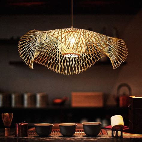 Rétro Pendentif Lumière Vintage Bambou Rotin Lustre Tissé À La Main