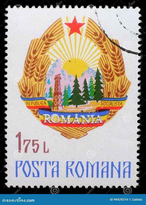 Stamp Printed In Romania Shows Coat Of Arms Of Romania Editorial Stock