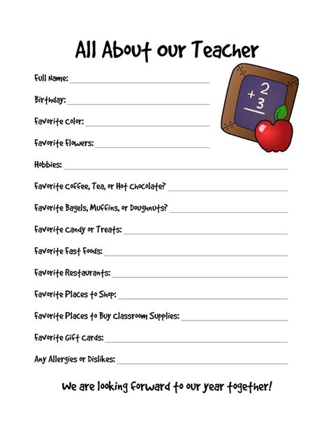 Teacher Questionnaire Celebrating Teacher Favorite Things