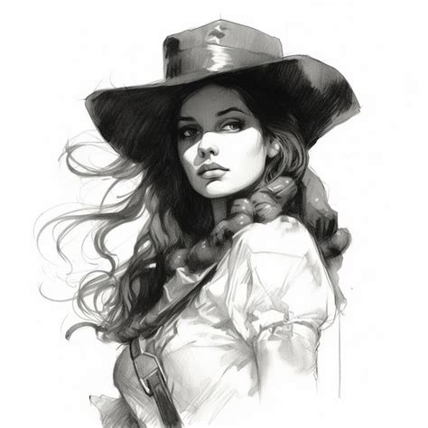 Um desenho em preto e branco de uma mulher usando um chapéu um