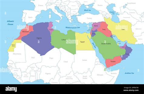 Mapa político a color de la región MENA con las fronteras de los
