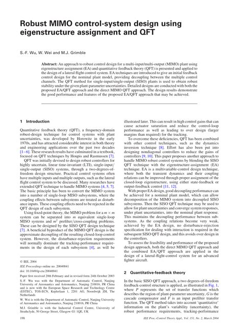 pdf robust mimo control system design using eigenstructure assignment and qft