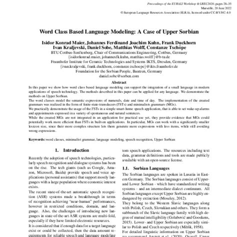 word class based language modeling a case of upper sorbian acl anthology