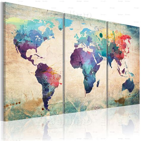Cuadro Triptico Grande Mapamundi Mapas Planisferio Abstracto En Venta