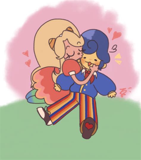 Two Cartoon Characters Are Hugging Each Other On The Grass With Hearts