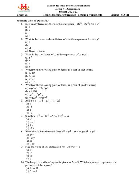 algebraic expressions revision worksheet pdf polynomial numerical analysis