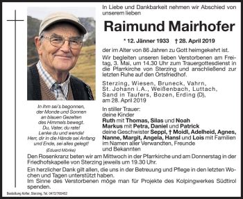 Traueranzeigen Von Raimund Mairhofer Trauer Bz