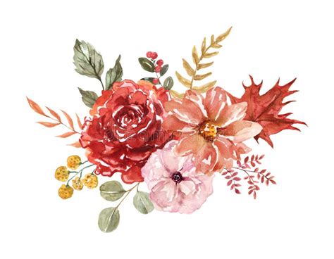 Autumn Floral Bouquet Watercolor Hand Painted Fall Flowers And Tree