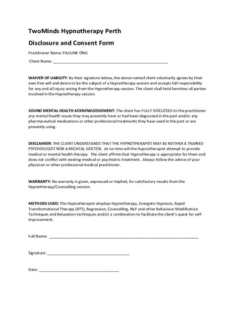 Fillable Online TwoMinds Hypnotherapy Perth Disclosure And Consent Form