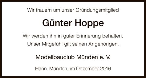 Traueranzeigen von Günter Hoppe Trauer HNA de
