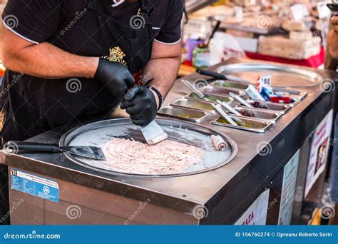 Preparation Thailand Sweet Street Food Ice Cream Rolls At Freeze Pan