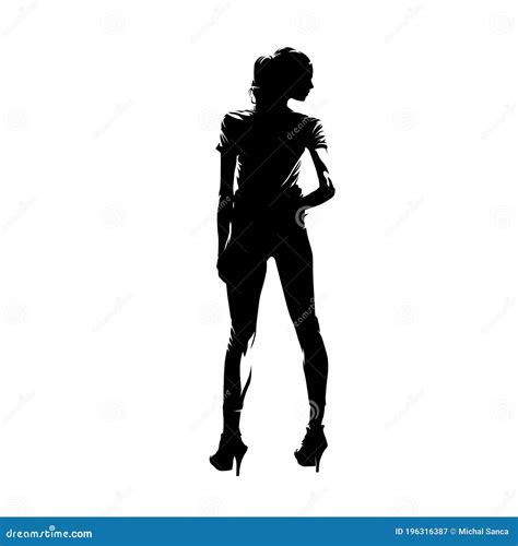 Slim Tall Woman Standing Ink Drawing Abstract Isolated Vector
