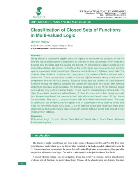pdf classification of closed sets of functions in multi valued logic maydim malkov