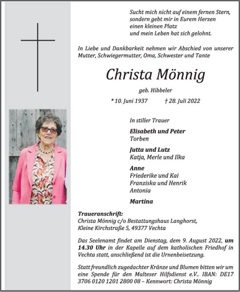 Traueranzeigen von Christa Mönnig om trauer de