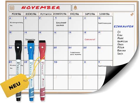 Previs Whiteboard Kalender A4 21X29 7CM mit 3 Löschbaren Markern