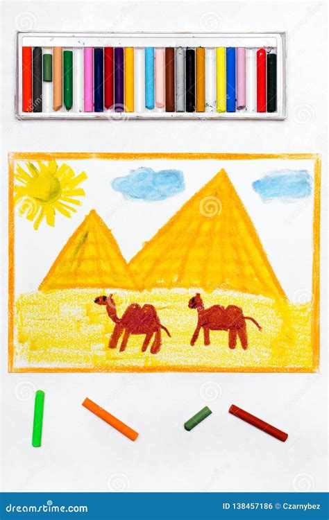 Drawing Pyramids And Sphinx In Giza Egypt Cartoon Vector