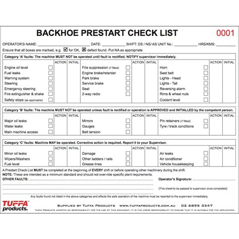 Backhoe Prestart Checklist Books TUFFA Products
