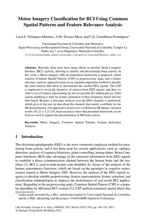 pdf motor imagery classification for bci using common spatial patterns and feature relevance