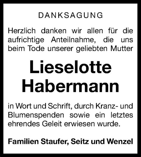 Traueranzeigen Von Lieselotte Habermann Trauer Nn De