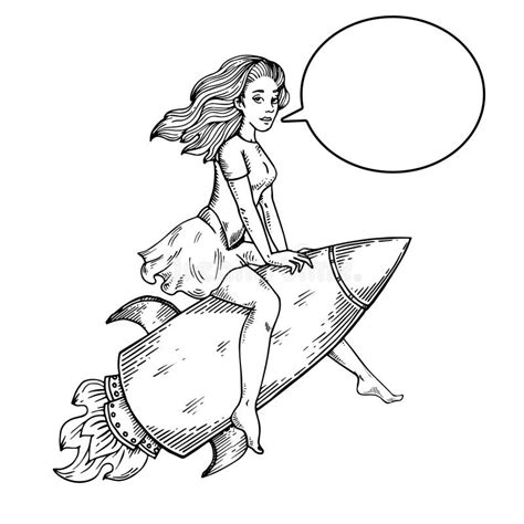 Vetor Da Gravura Do Foguete Do Voo Da Mulher Ilustração do Vetor