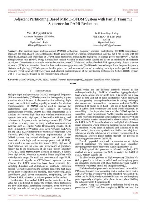pdf adjacent partitioning based mimo ofdm system with partial transmit sequence for papr