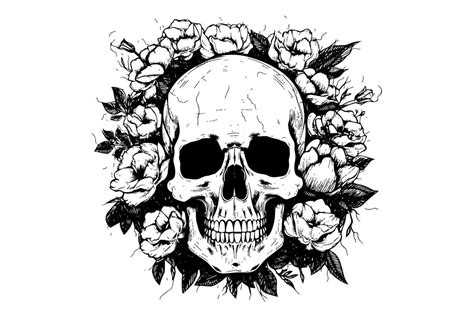 Human Skull In A Flower Frame Woodcut Style Vector Engraving Sketch