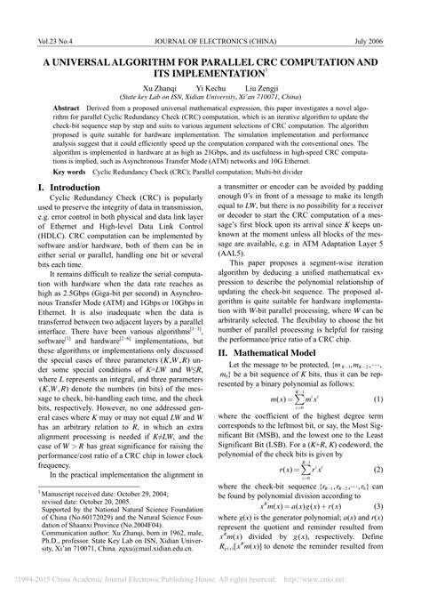 pdf a universal algorithm for parallel crc computation and its implementation